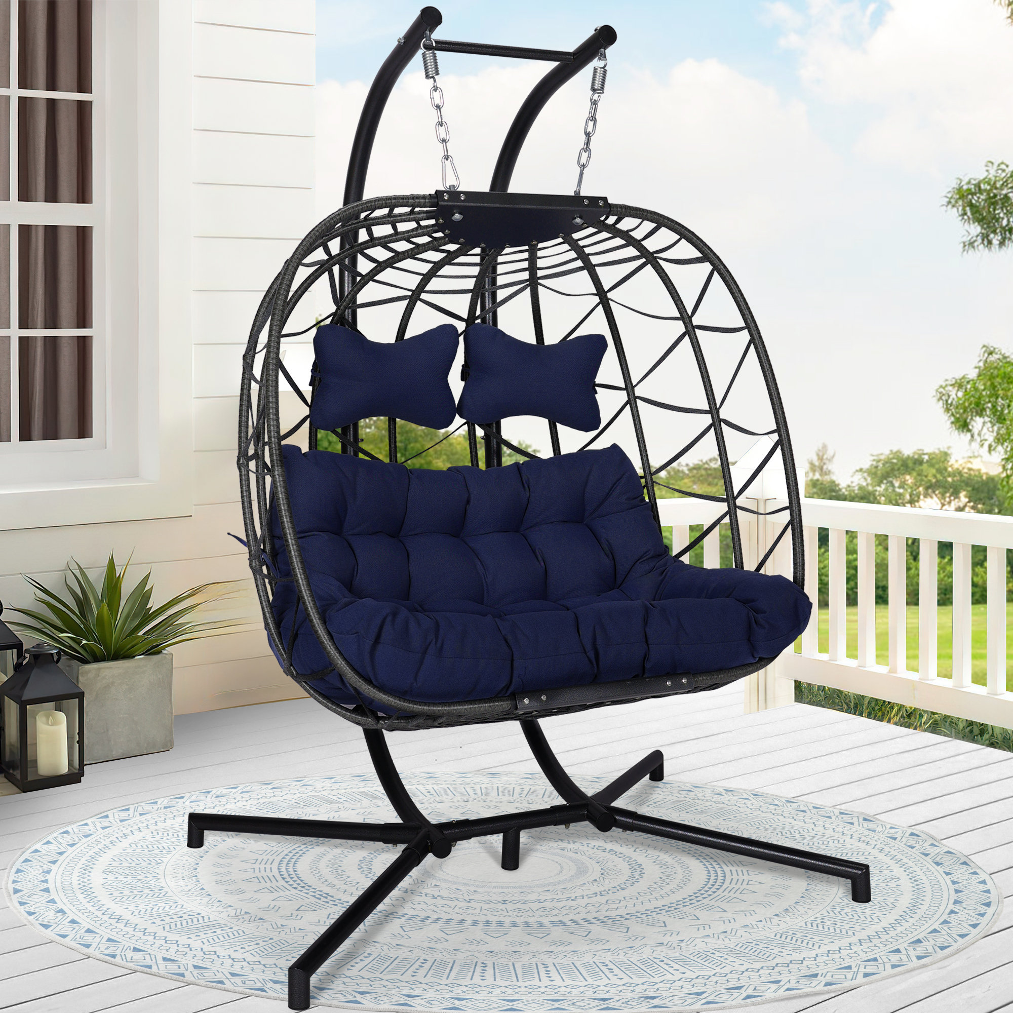 Celyne 2 Person Outdoor Indoor Porch Swings with Stand Double Hanging Egg Chair with Cozy Cushion Dakota Fields Color Gray Dark Blue